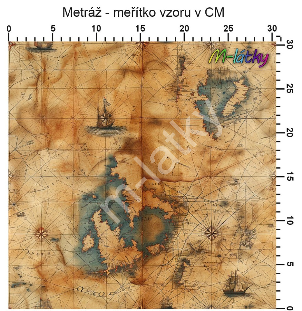 OB Metráž Nautical stará námořní mapa Bavlněný satén náš tisk na ...